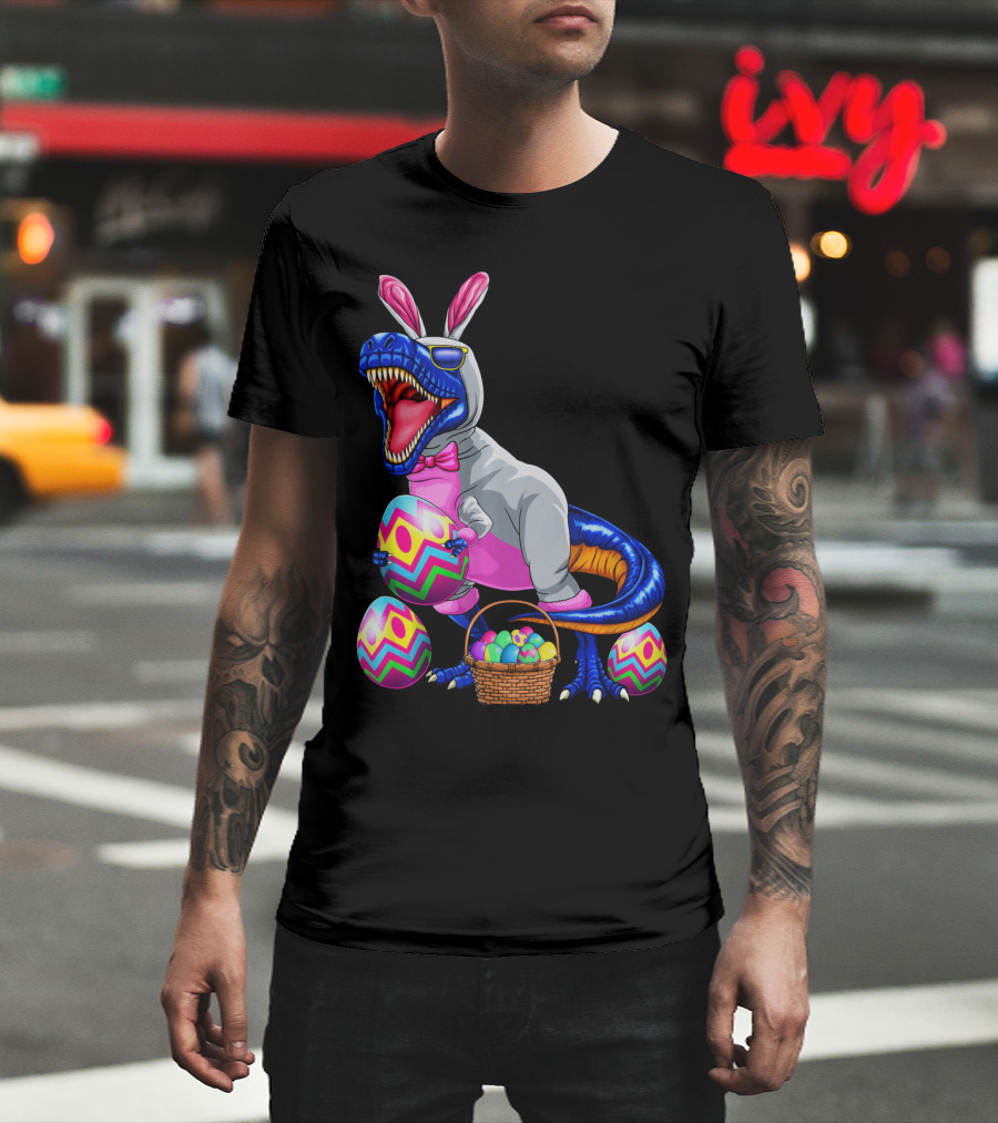 Easter Bunny T-Rex Dinosaur With Colorful Eggs T-Shirt