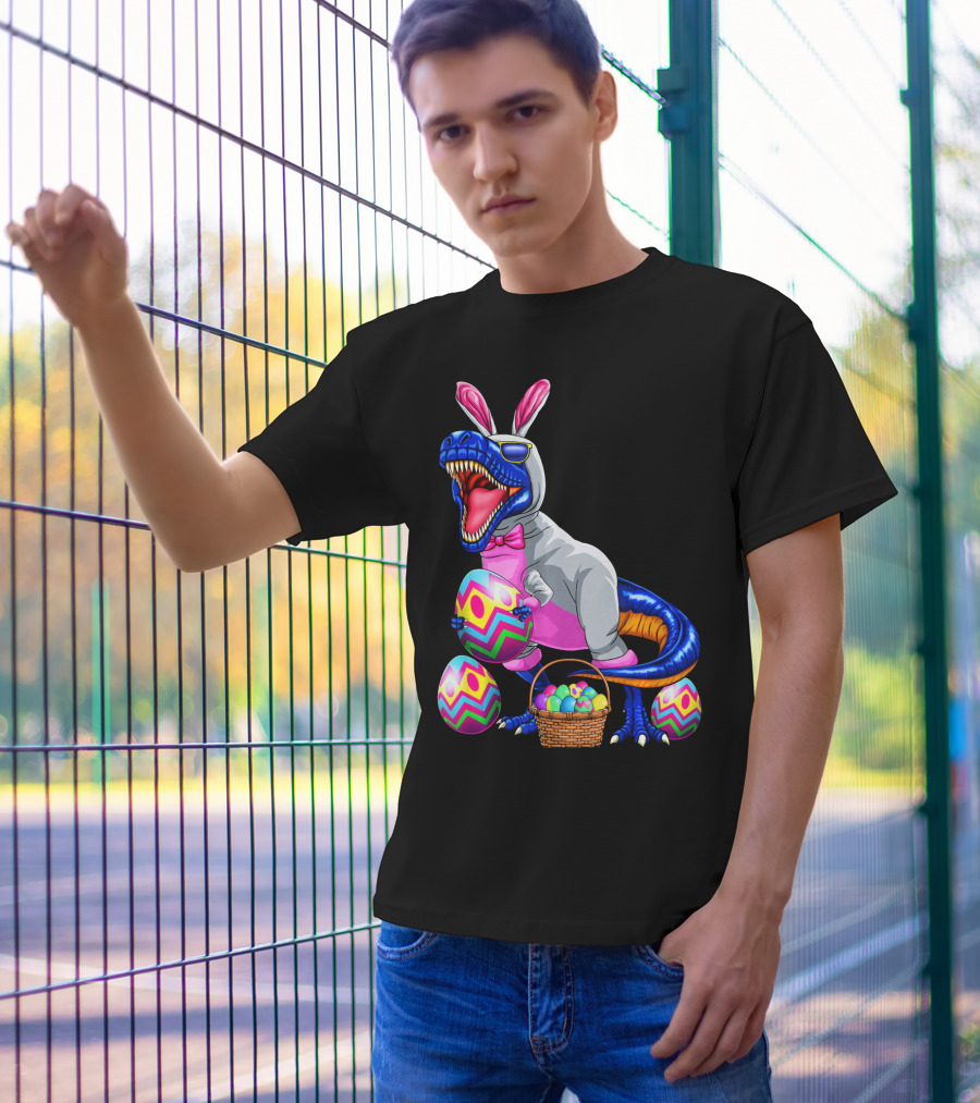 Easter Bunny T-Rex Dinosaur With Colorful Eggs T-Shirt