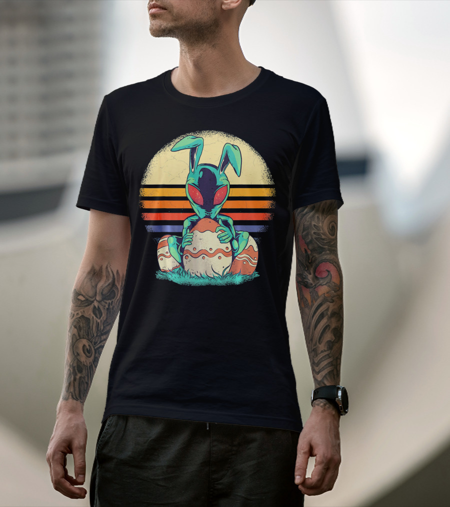Easter Alien With Bunny Ears Holding Egg Sunset Stripes T-Shirt