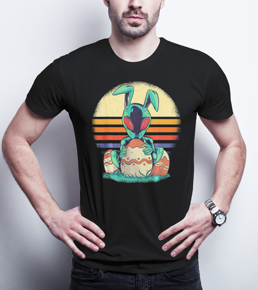 Easter Alien With Bunny Ears Holding Egg Sunset Stripes T-Shirt
