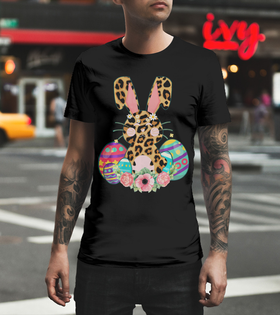 Bunny Leopard Print Floral Cute Easter Eggs T-Shirt