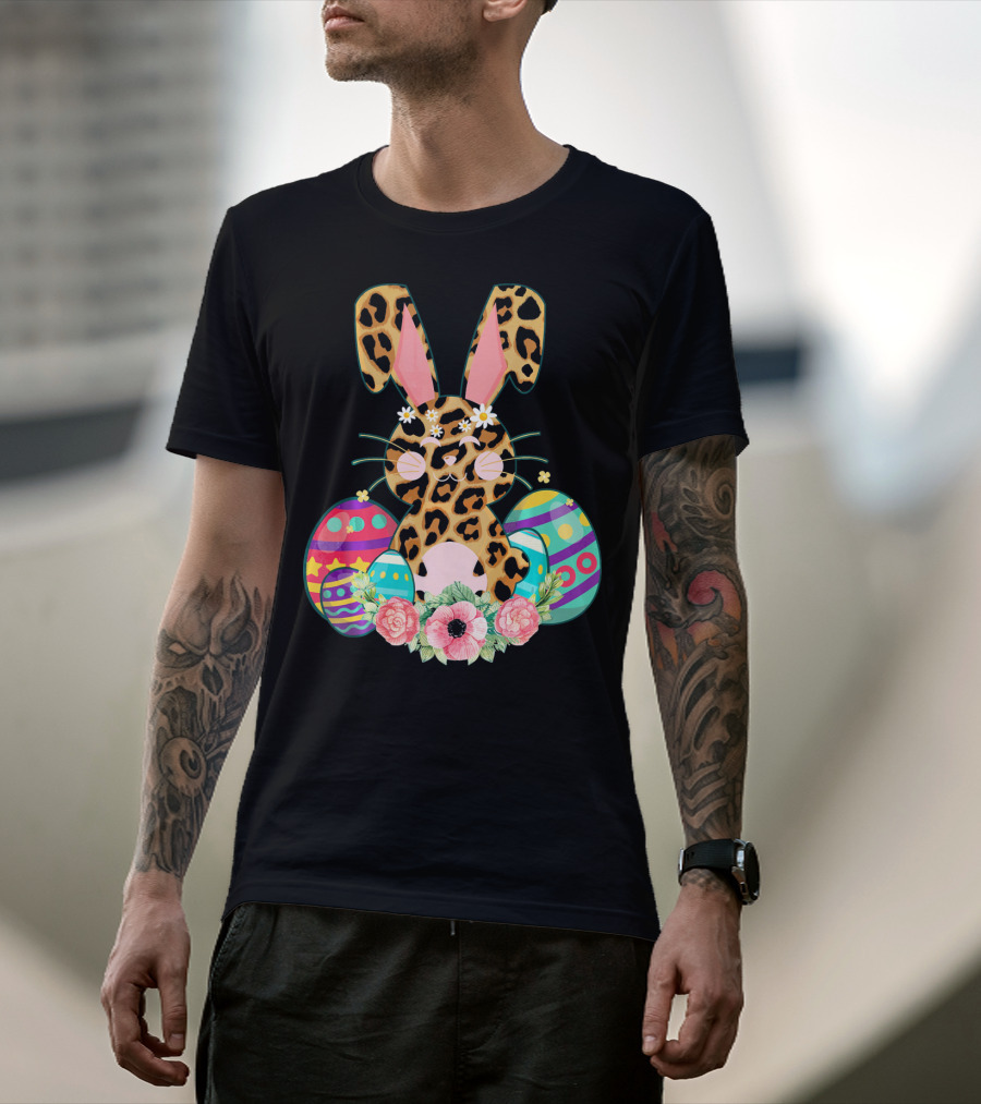 Bunny Leopard Print Floral Cute Easter Eggs T-Shirt