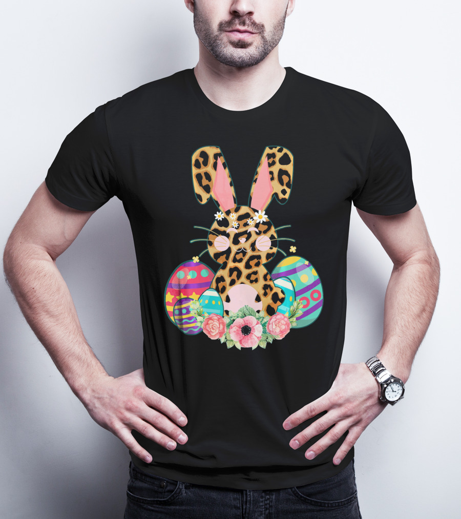 Bunny Leopard Print Floral Cute Easter Eggs T-Shirt