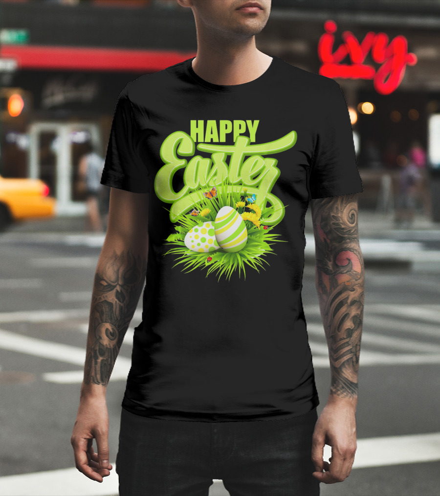 Happy Easter Eggs Green Spring Flowers Butterflies T-Shirt
