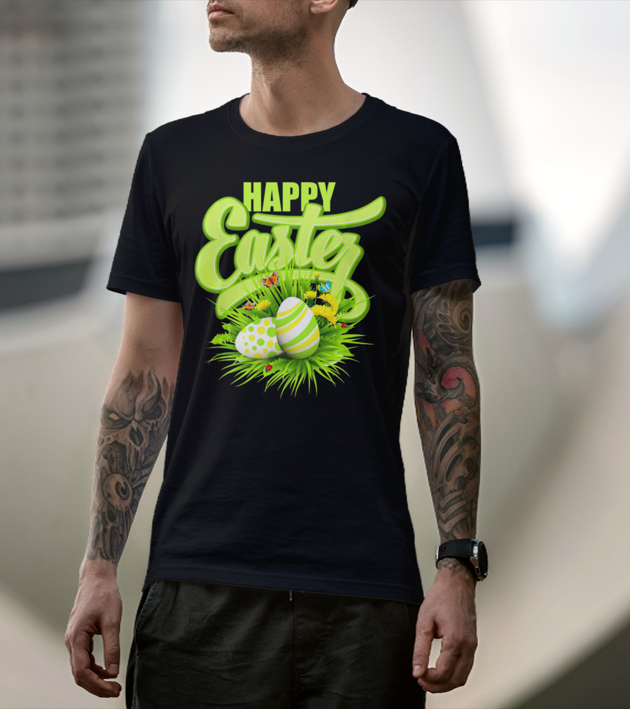 Happy Easter Eggs Green Spring Flowers Butterflies T-Shirt