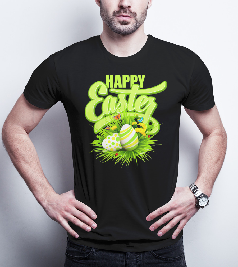 Happy Easter Eggs Green Spring Flowers Butterflies T-Shirt