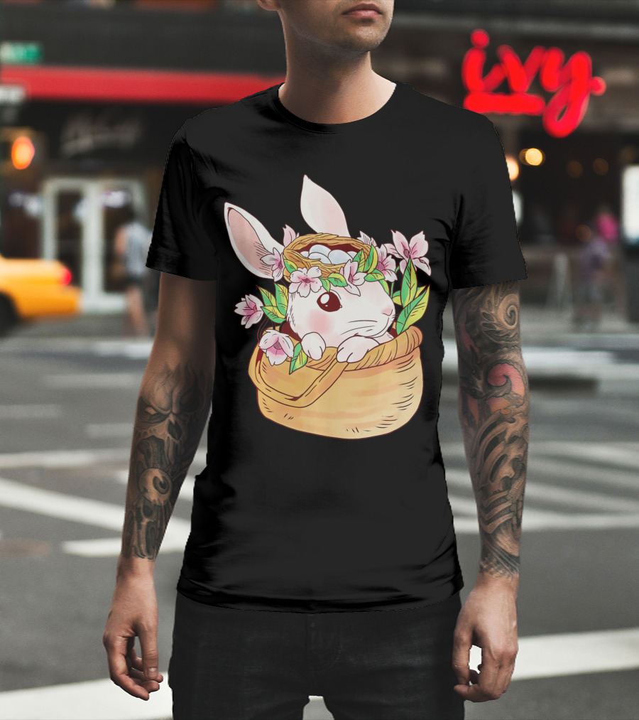 Cute Easter Bunny Girl Floral Basket T-Shirt