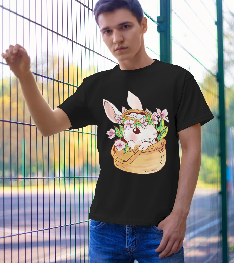Cute Easter Bunny Girl Floral Basket T-Shirt