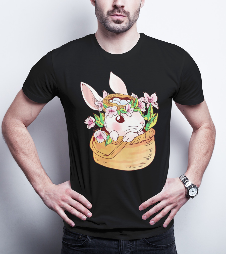 Cute Easter Bunny Girl Floral Basket T-Shirt