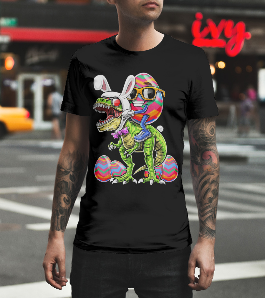 Easter Bunny Dinosaur With Egg Rabbit Ears And Sunglasses T-Shirt
