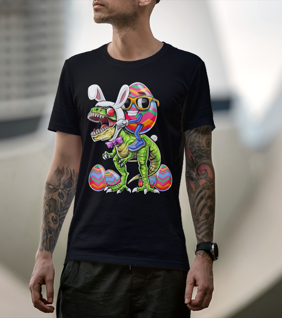 Easter Bunny Dinosaur With Egg Rabbit Ears And Sunglasses T-Shirt