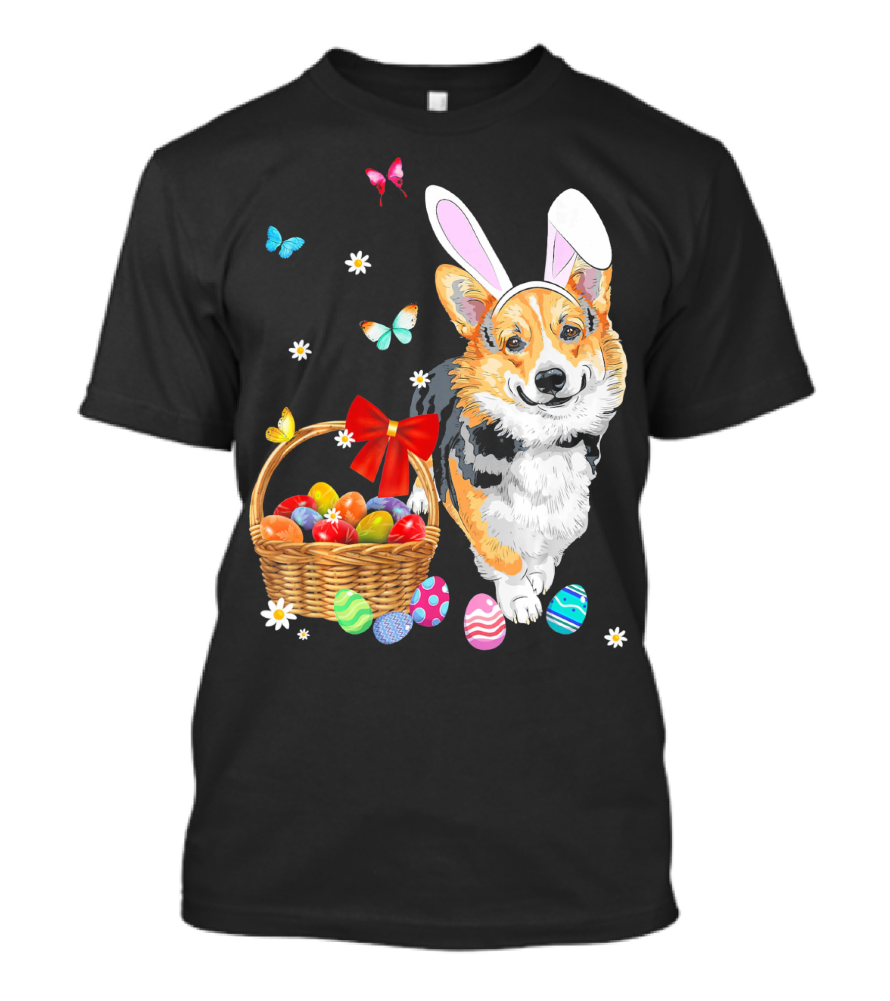Welsh Corgi Bunny Ear Rabbit Easter Eggs Basket Butterflies T-Shirt