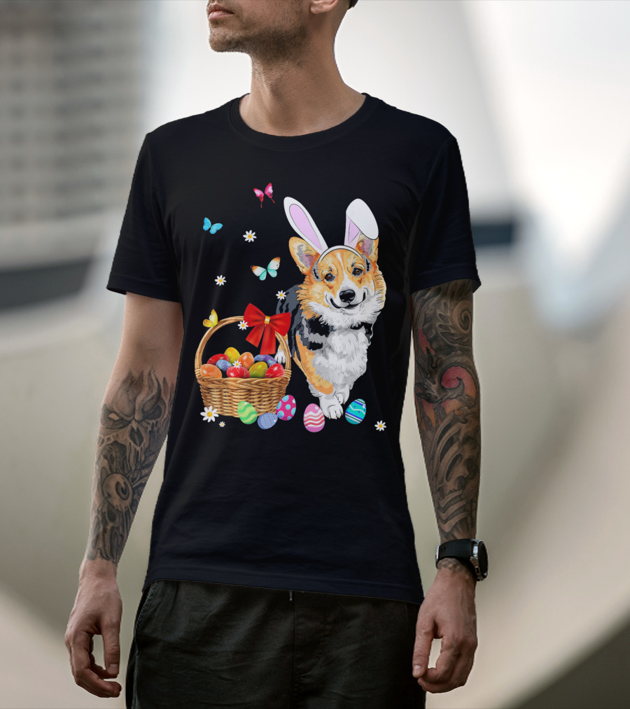 Welsh Corgi Bunny Ear Rabbit Easter Eggs Basket Butterflies T-Shirt