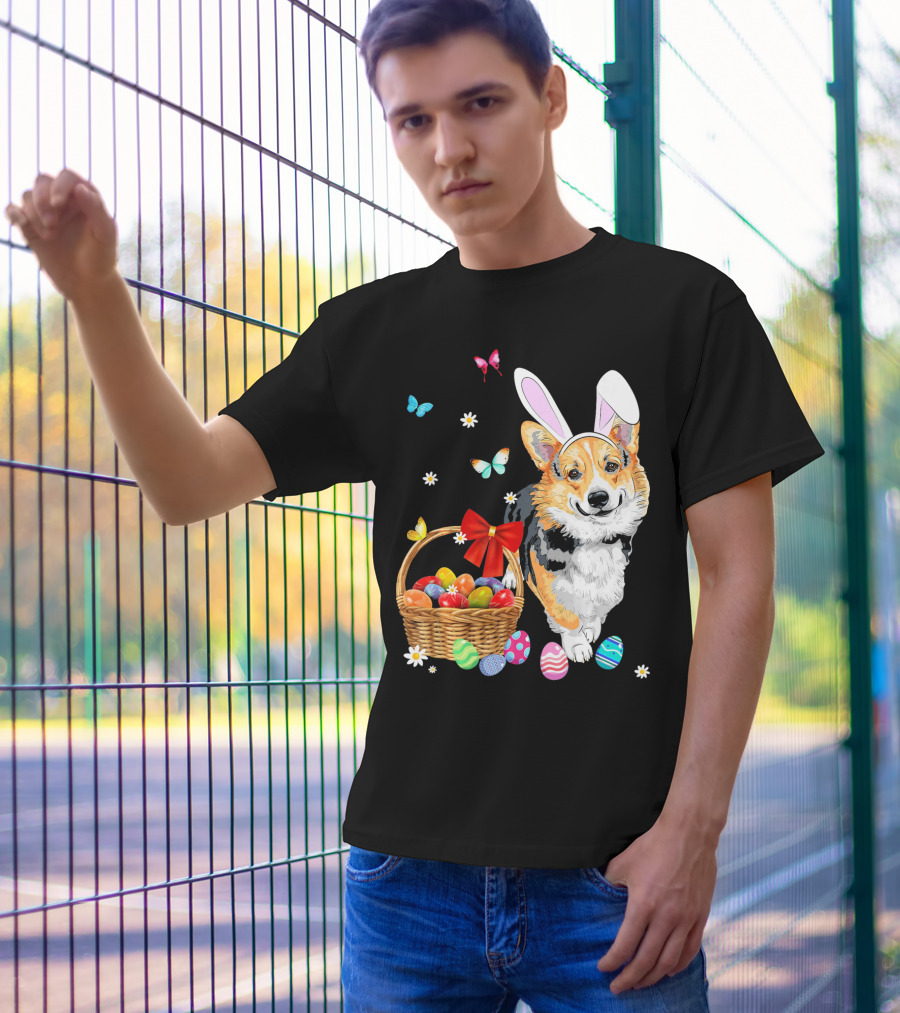 Welsh Corgi Bunny Ear Rabbit Easter Eggs Basket Butterflies T-Shirt