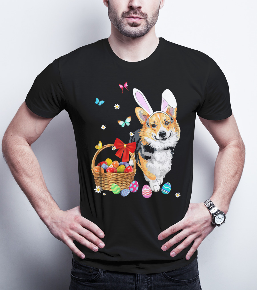 Welsh Corgi Bunny Ear Rabbit Easter Eggs Basket Butterflies T-Shirt