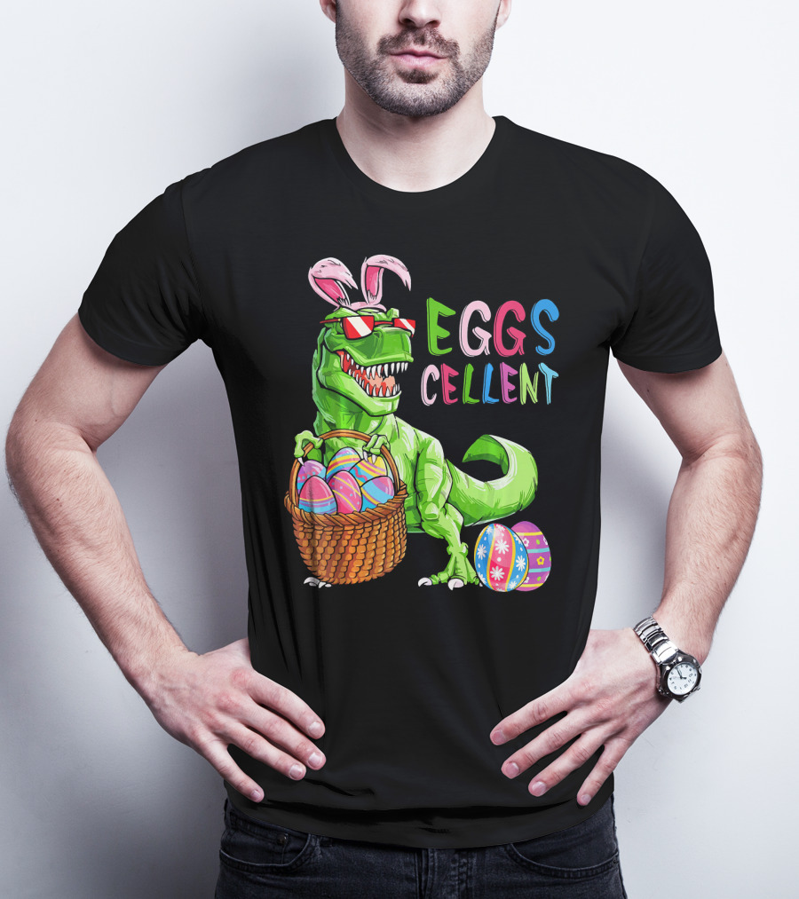 EGGS-cellent Green Dinosaur With Bunny Ears And Easter Eggs T-Shirt
