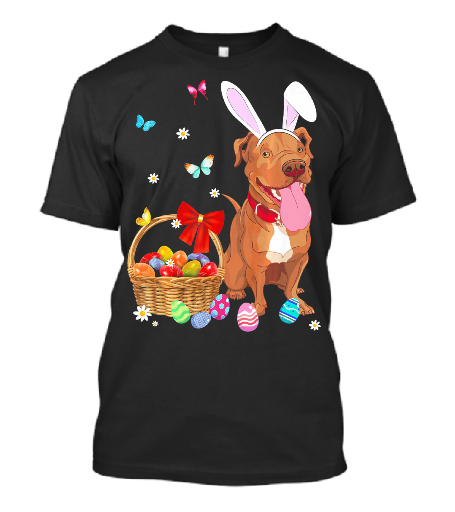 Pitbull With Bunny Ears And Easter Eggs Basket With Butterflies And Flowers T-Shirt