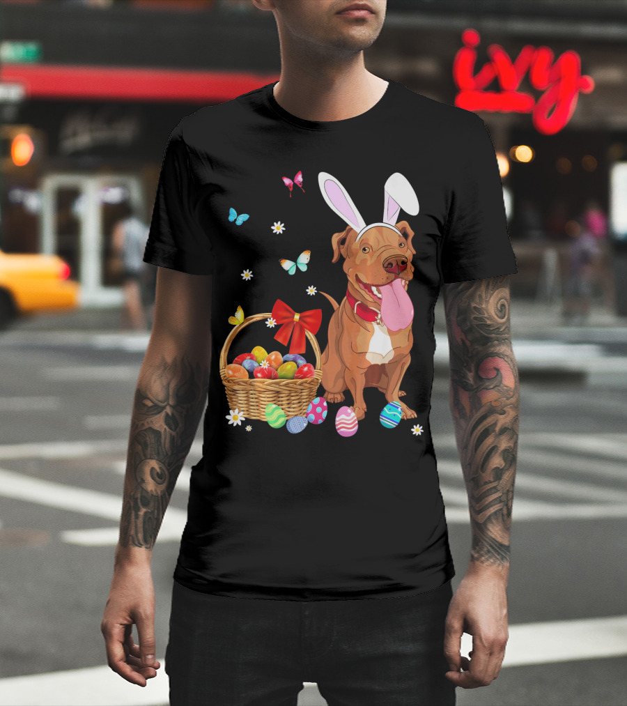 Pitbull With Bunny Ears And Easter Eggs Basket With Butterflies And Flowers T-Shirt