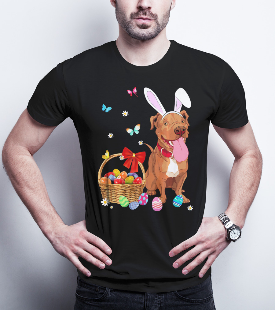Pitbull With Bunny Ears And Easter Eggs Basket With Butterflies And Flowers T-Shirt