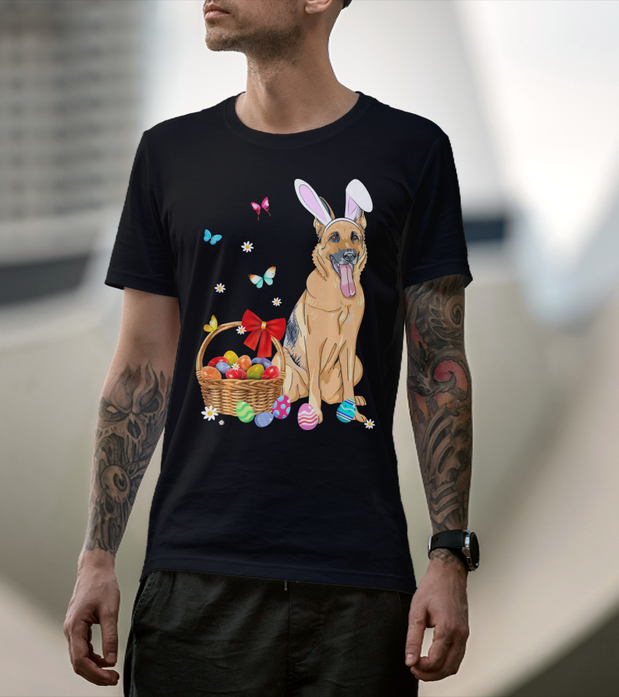 German Shepherd Bunny Ears Rabbit Easter Eggs Basket Butterflies T-Shirt