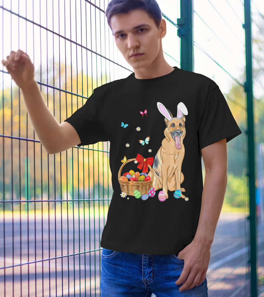 German Shepherd Bunny Ears Rabbit Easter Eggs Basket Butterflies T-Shirt