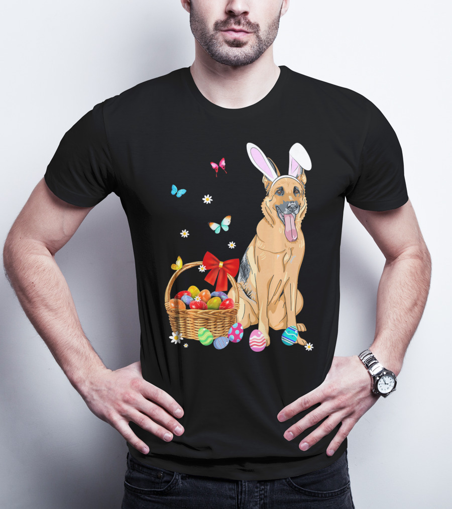German Shepherd Bunny Ears Rabbit Easter Eggs Basket Butterflies T-Shirt