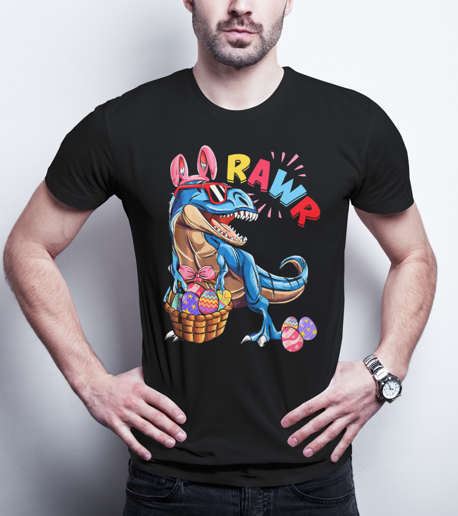 Dinosaur Easter Bunny Rex Rawr With Eggs And Basket T-Shirt