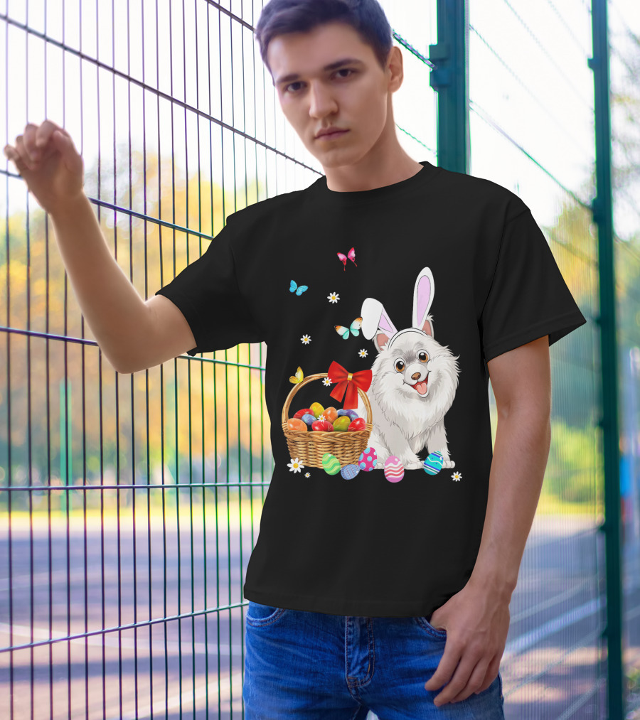 Samoyed Bunny Ear Rabbit Easter Eggs Basket Butterflies T-Shirt