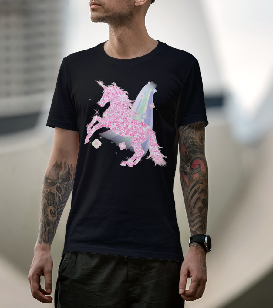 Pink Sparkle Unicorn With Easter Flowers And Rainbow Mane T-Shirt