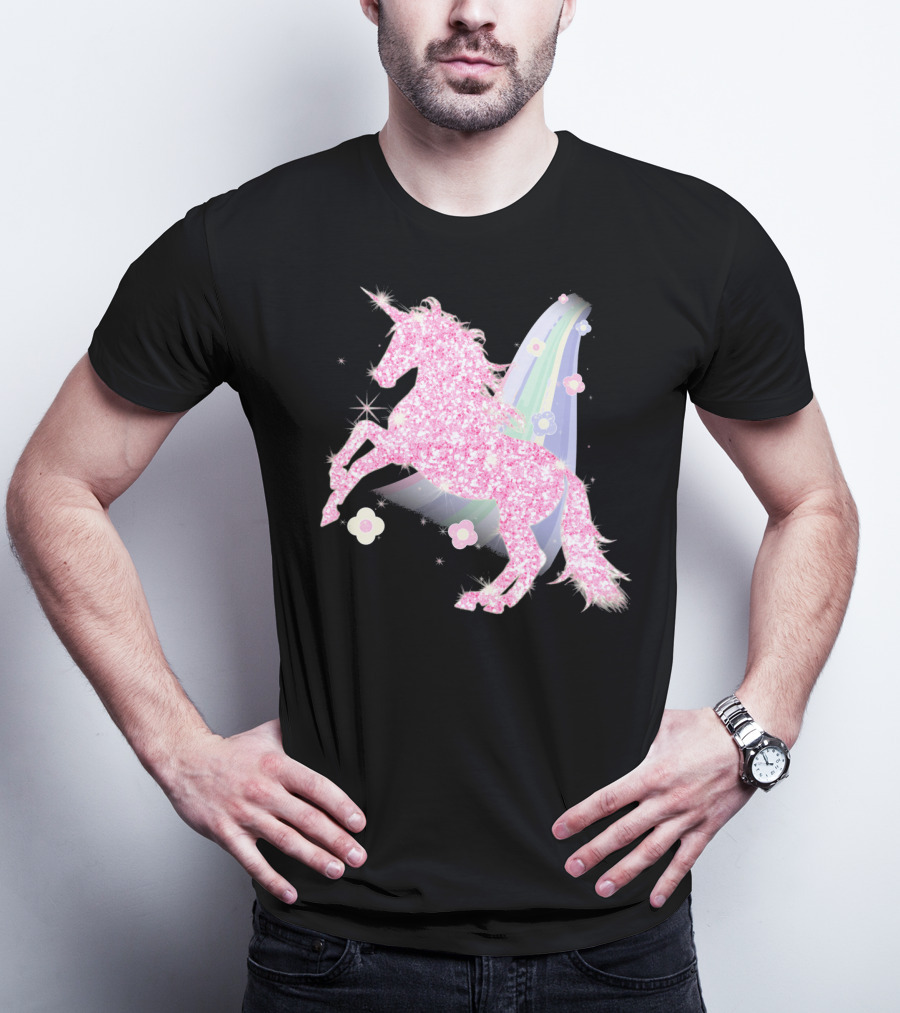 Pink Sparkle Unicorn With Easter Flowers And Rainbow Mane T-Shirt