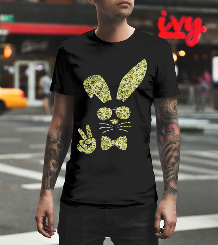 Easter Bunny Girls Cute Gold Glitter Bunny With Sunglasses And Bow Tie T-Shirt