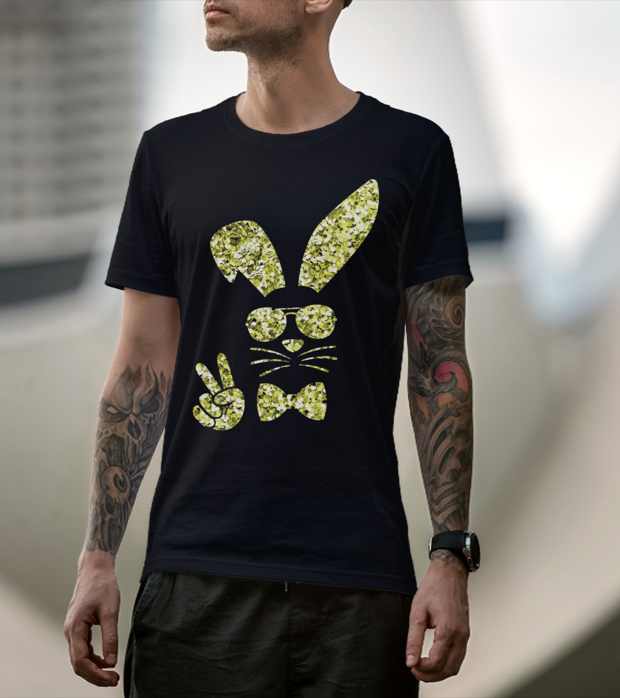 Easter Bunny Girls Cute Gold Glitter Bunny With Sunglasses And Bow Tie T-Shirt