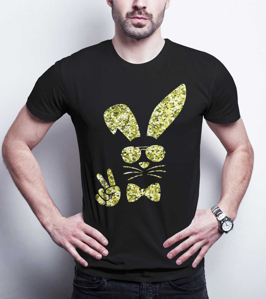 Easter Bunny Girls Cute Gold Glitter Bunny With Sunglasses And Bow Tie T-Shirt