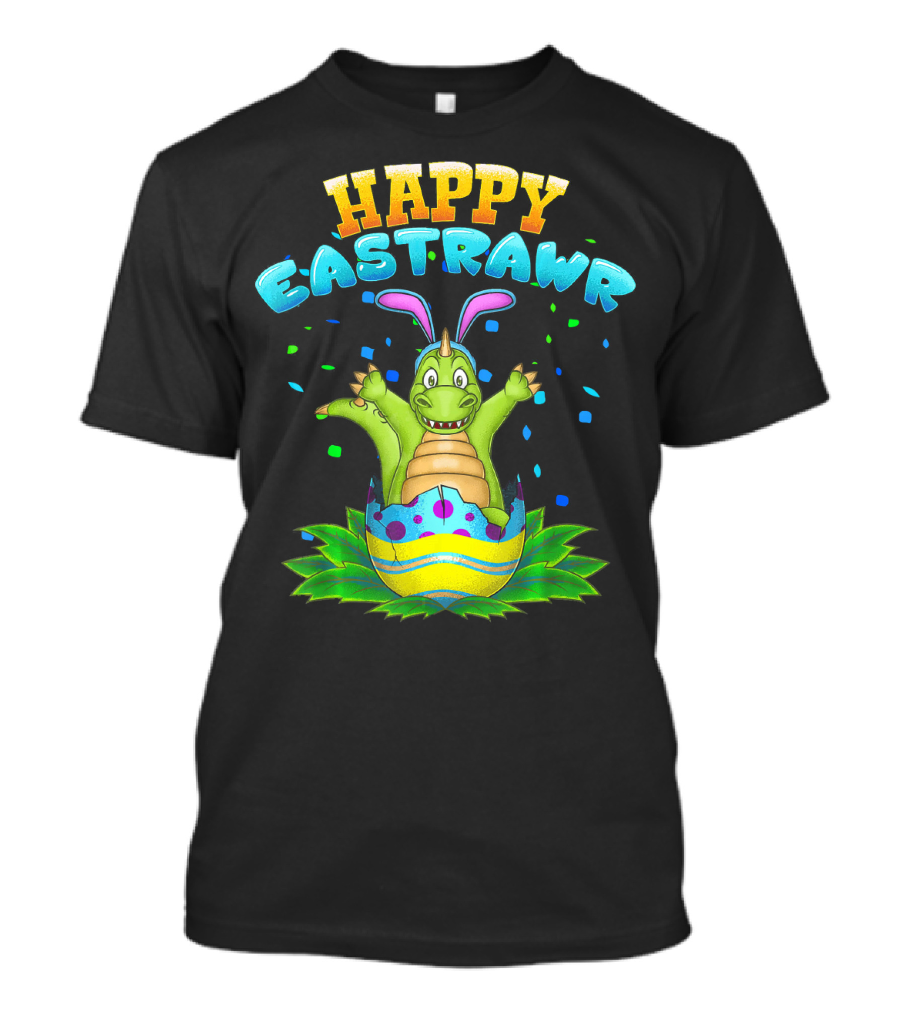 Happy Eastrawr Dinosaur In Easter Egg With Bunny Ears And Confetti T-Shirt