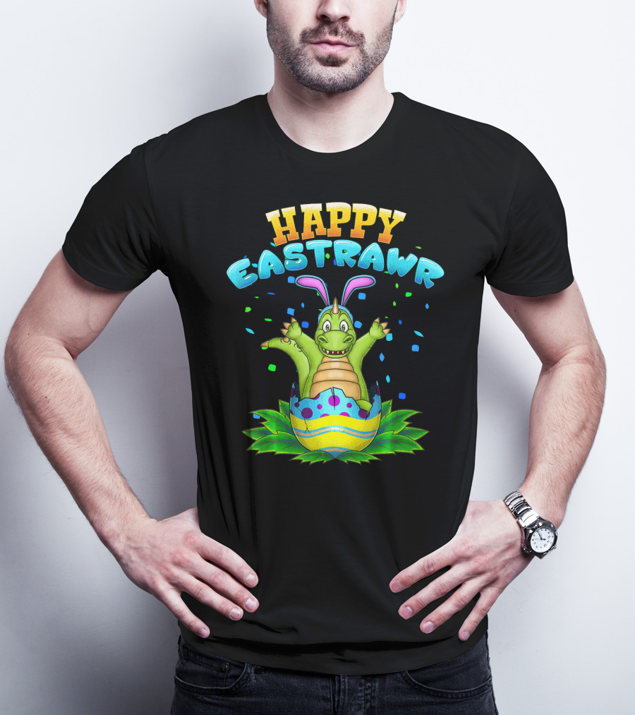 Happy Eastrawr Dinosaur In Easter Egg With Bunny Ears And Confetti T-Shirt