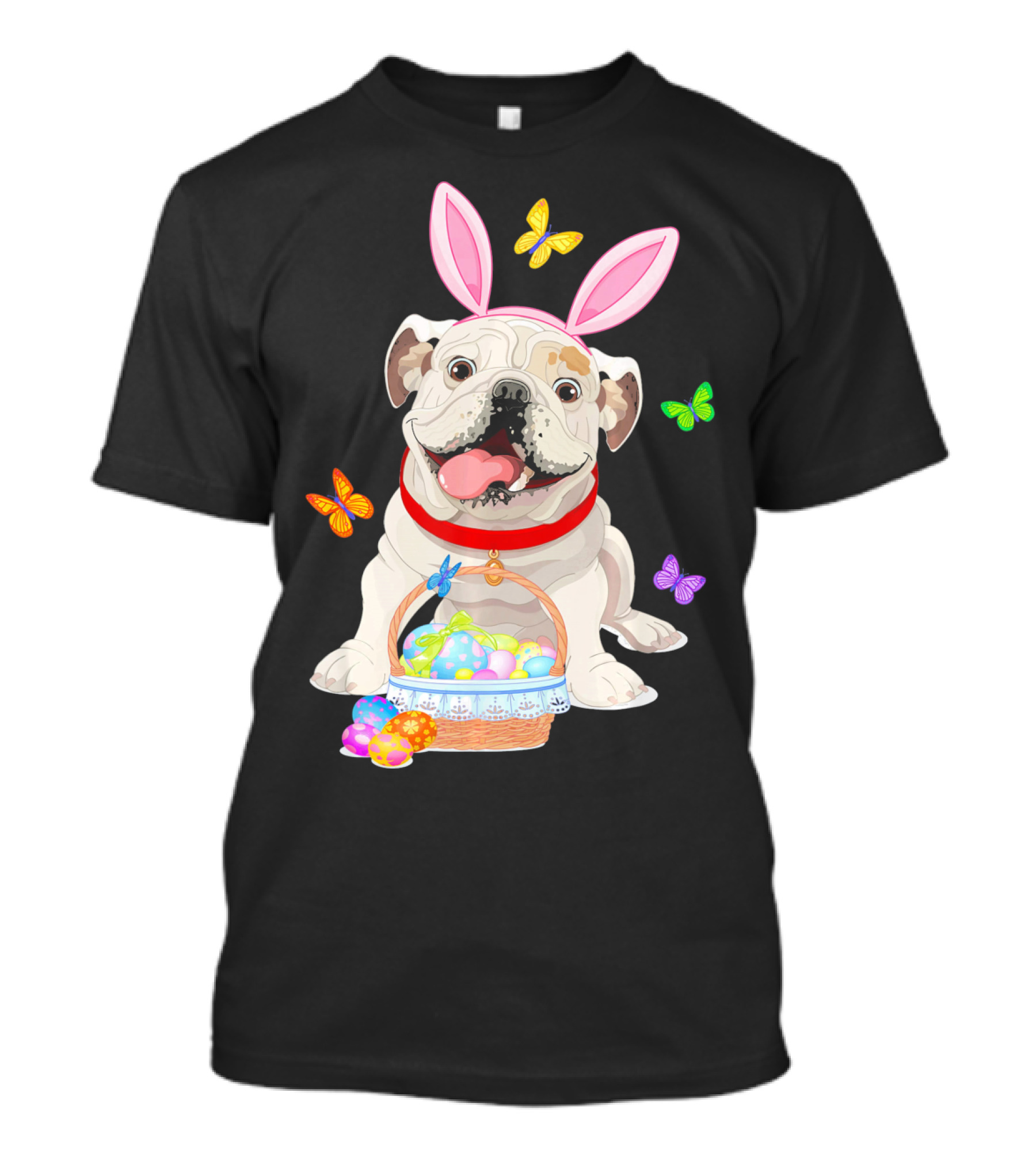 English Bulldog With Bunny Ears And Easter Egg Basket With Butterflies T-Shirt