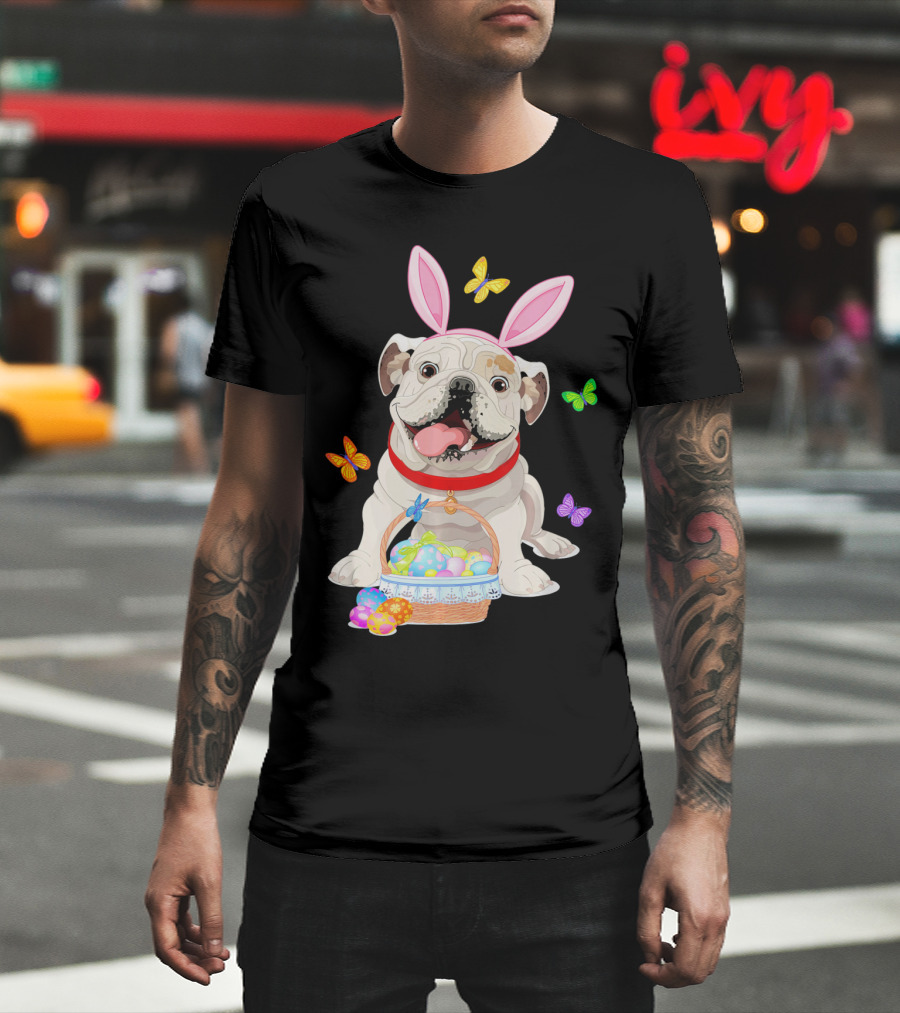 English Bulldog With Bunny Ears And Easter Egg Basket With Butterflies T-Shirt