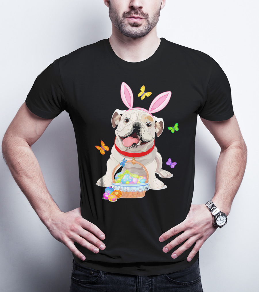 English Bulldog With Bunny Ears And Easter Egg Basket With Butterflies T-Shirt