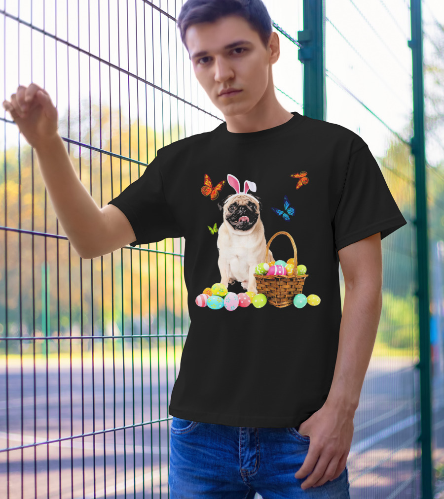 Pug With Bunny Ears And Easter Eggs With Colorful Butterflies T-Shirt