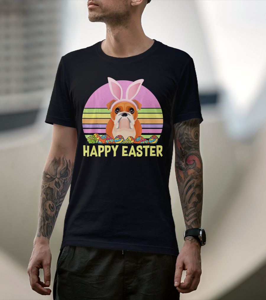 Happy Easter Day British Bulldog Bunny Ears Rainbow Eggs Retro T-Shirt