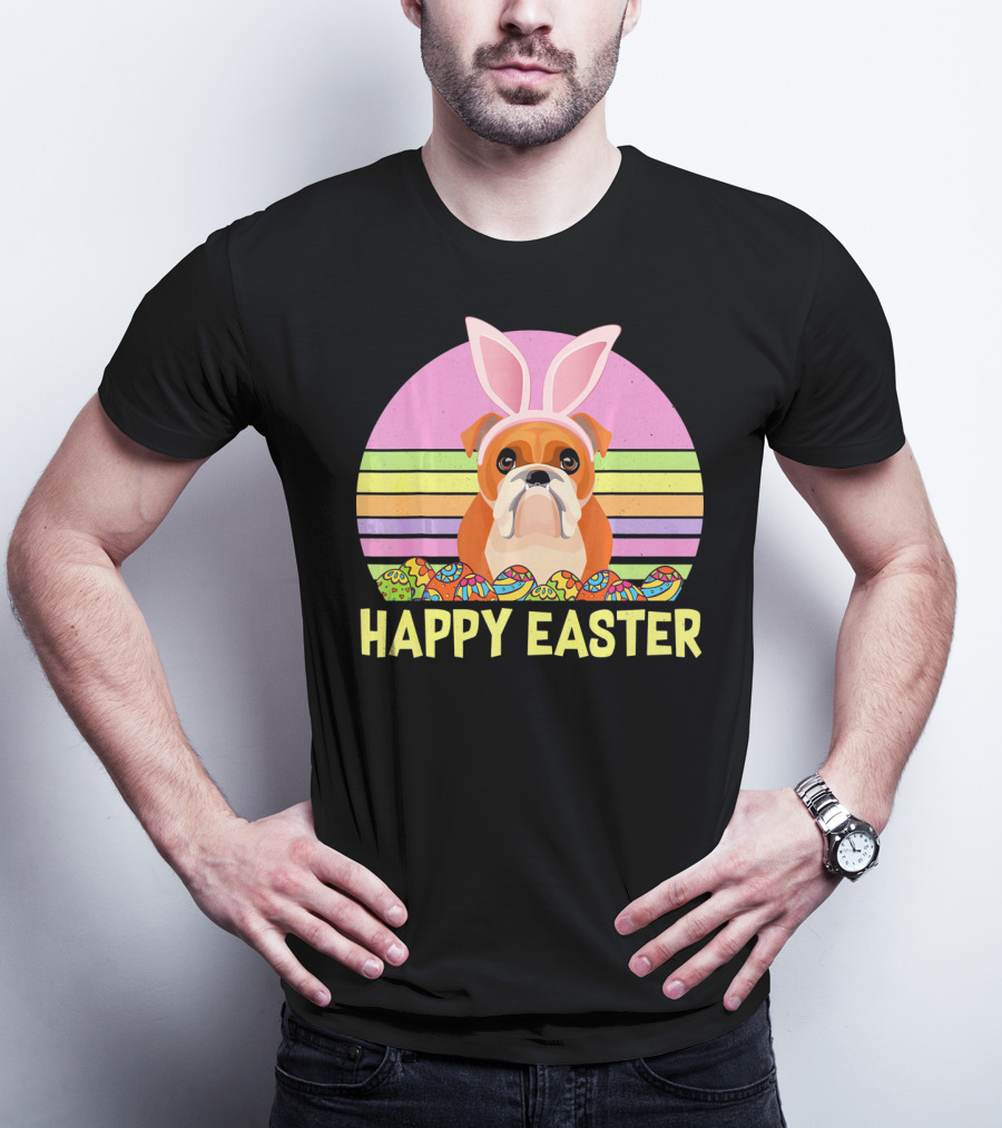Happy Easter Day British Bulldog Bunny Ears Rainbow Eggs Retro T-Shirt