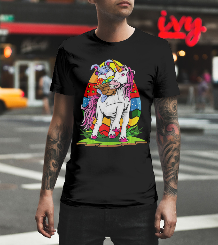 Funny Colorful Easter Bunny Riding Unicorn With Eggs T-Shirt