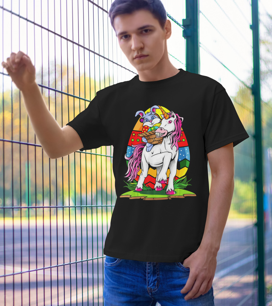 Funny Colorful Easter Bunny Riding Unicorn With Eggs T-Shirt