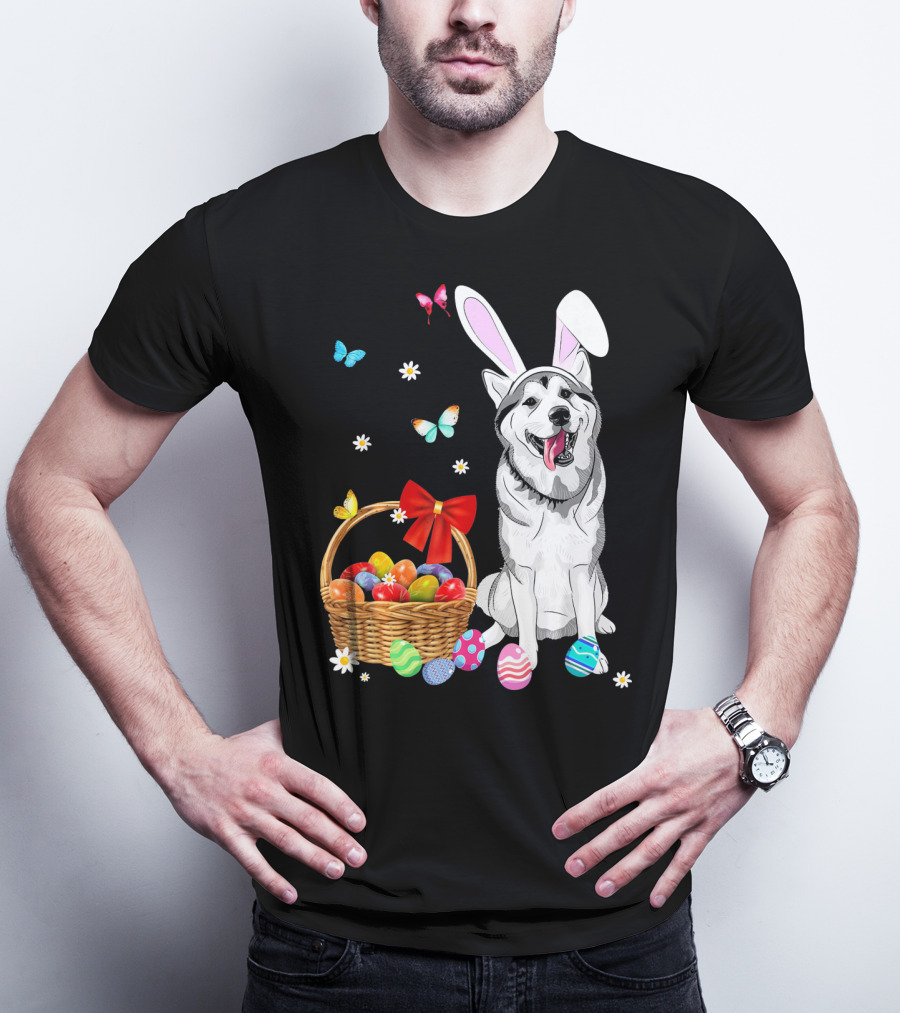 Siberian Husky Bunny Ears Easter Basket Eggs Butterflies T-Shirt