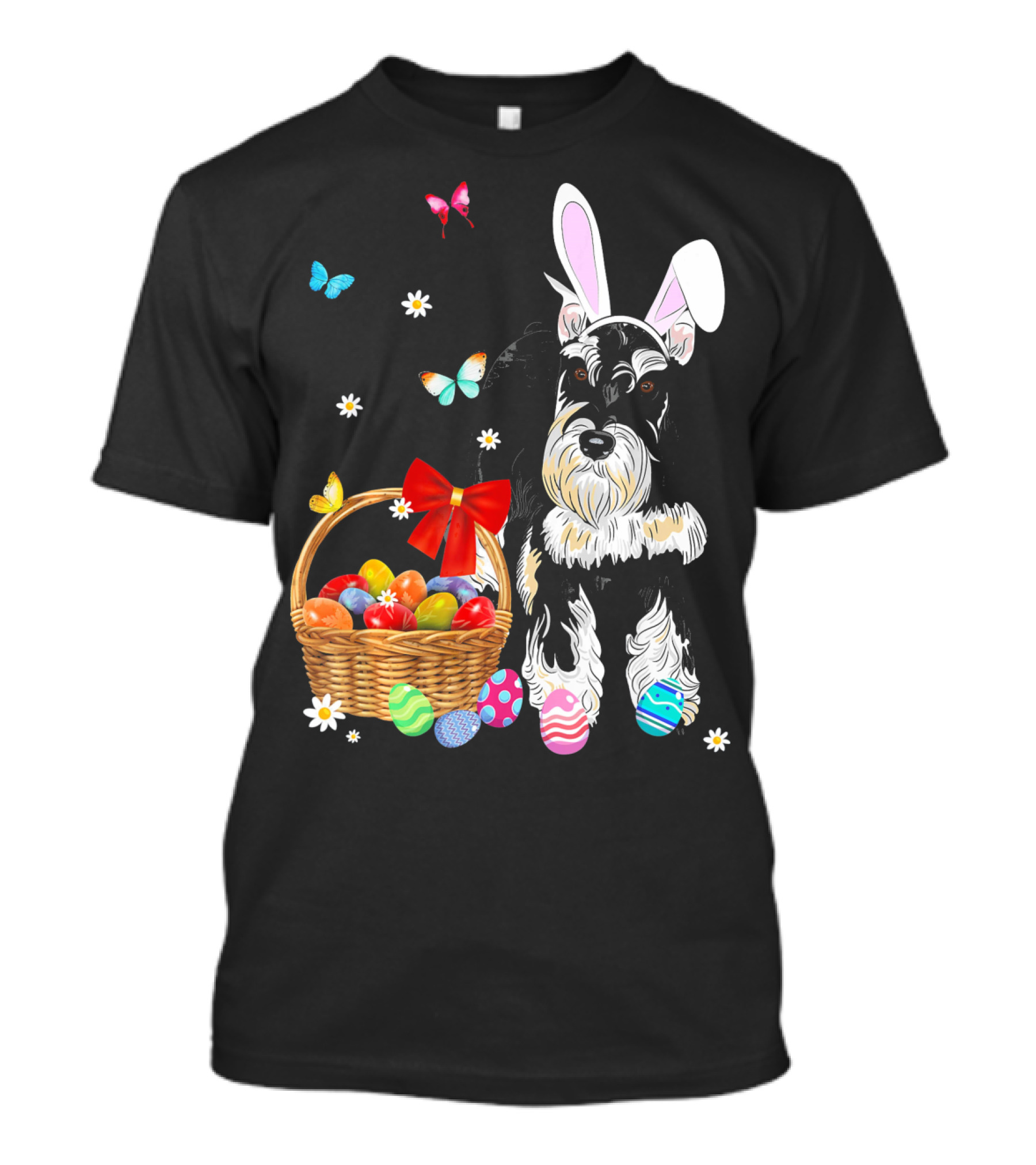 Miniature Schnauzer Bunny Ear With Easter Egg Basket And Butterflies T-Shirt