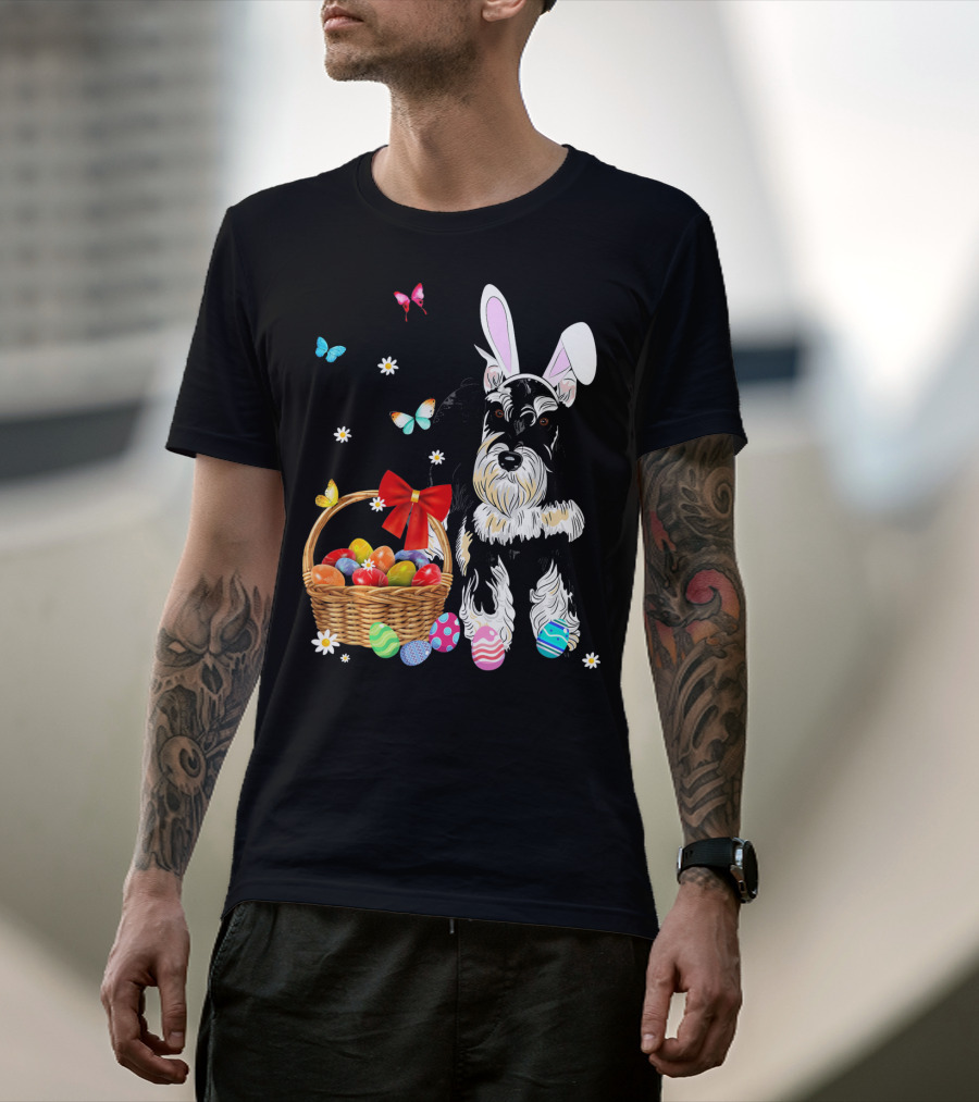 Miniature Schnauzer Bunny Ear With Easter Egg Basket And Butterflies T-Shirt