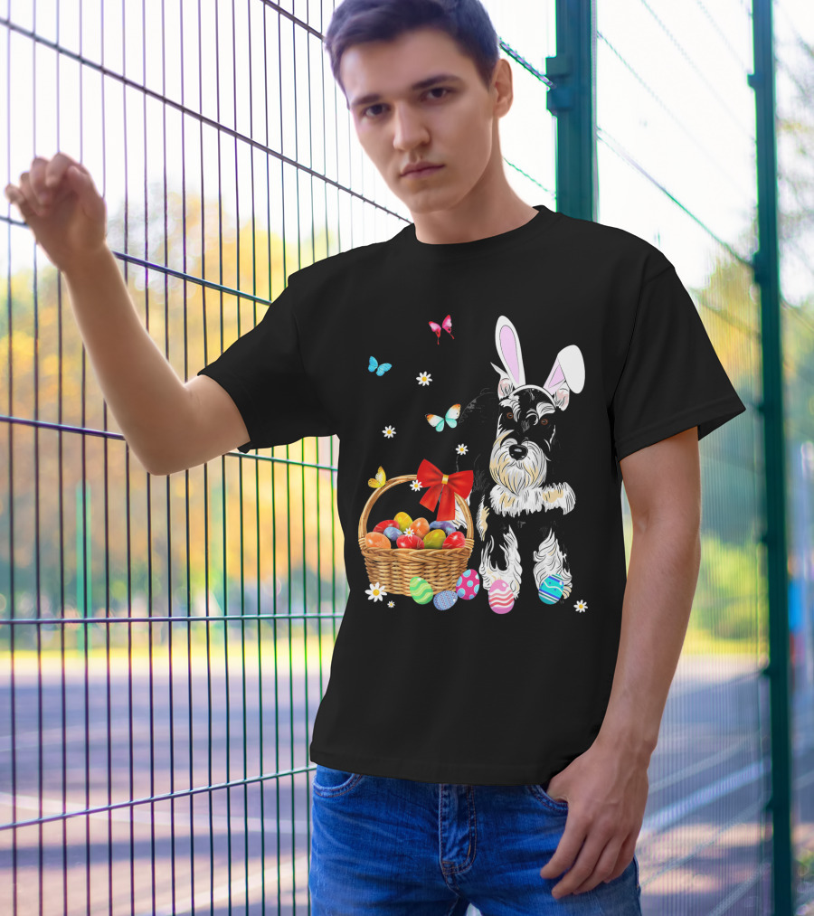Miniature Schnauzer Bunny Ear With Easter Egg Basket And Butterflies T-Shirt