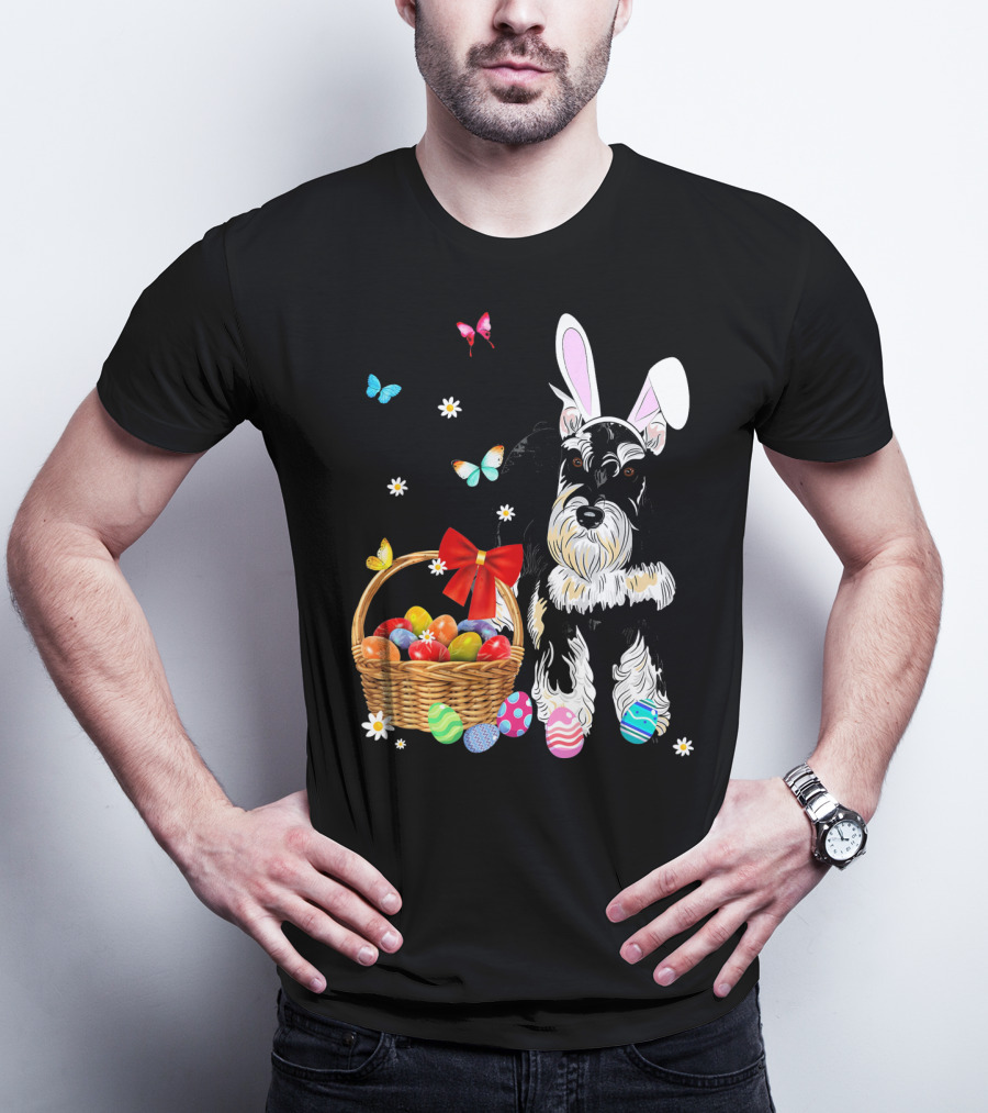 Miniature Schnauzer Bunny Ear With Easter Egg Basket And Butterflies T-Shirt