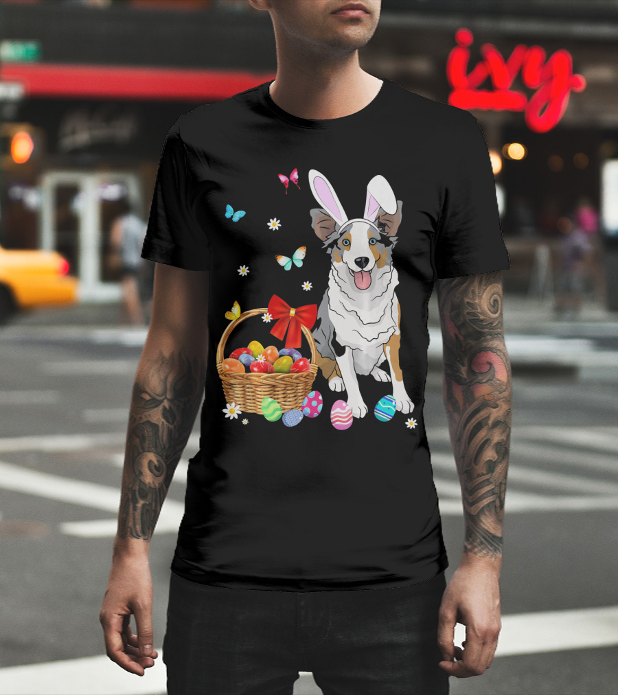 Australian Shepherd Bunny Ear Butterflies Basket Easter Egg Flowers T-Shirt