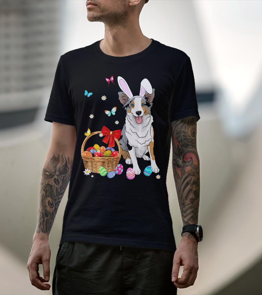 Australian Shepherd Bunny Ear Butterflies Basket Easter Egg Flowers T-Shirt